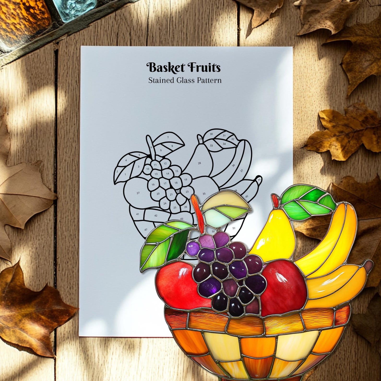 Basket Fruit Stained Glass Pattern, Basket Fruit Suncatcher, Fruits ...