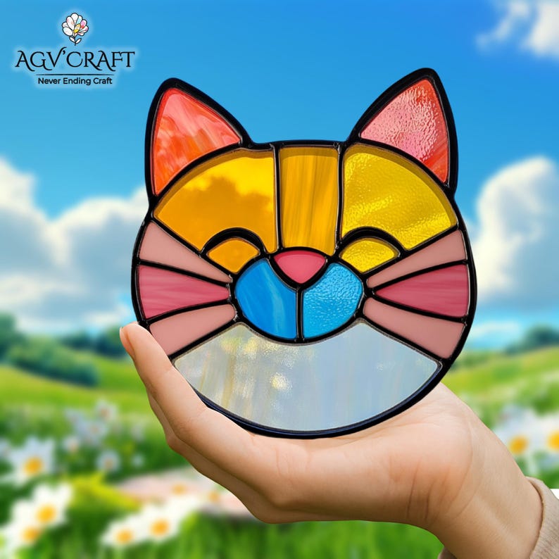 Cat Face Stained Glass Pattern, Cat Face Suncatcher, Cute Cat Stained ...