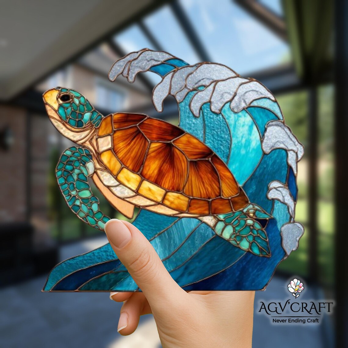 Turtle on Waves Stained Glass Pattern, Turtle With Waves Suncatcher ...