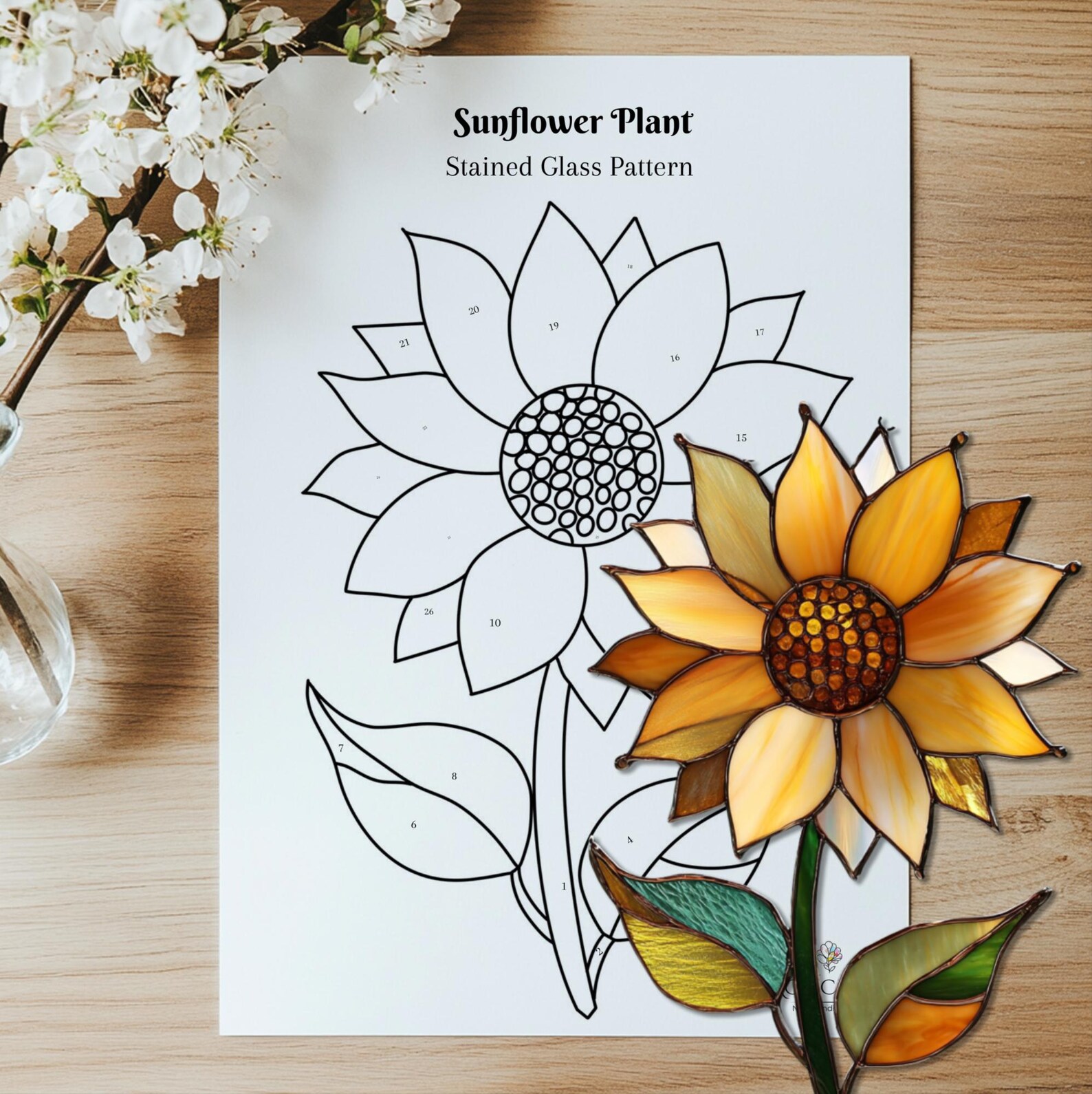 Sunflower Plant Stained Glass Pattern, Sunflower Suncatcher, Sunflower ...