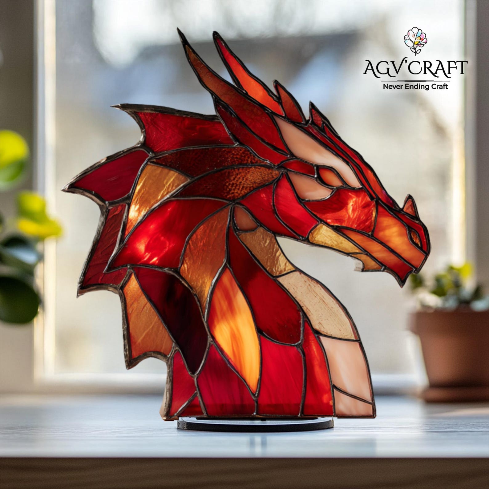 Dragon Head Stained Glass Pattern, Dragon Face Suncatcher, Red Dragon ...