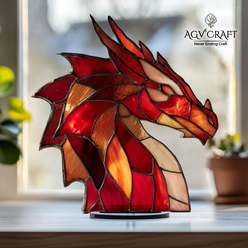 Dragon Head Stained Glass Pattern, Dragon Face Suncatcher, Red Dragon ...