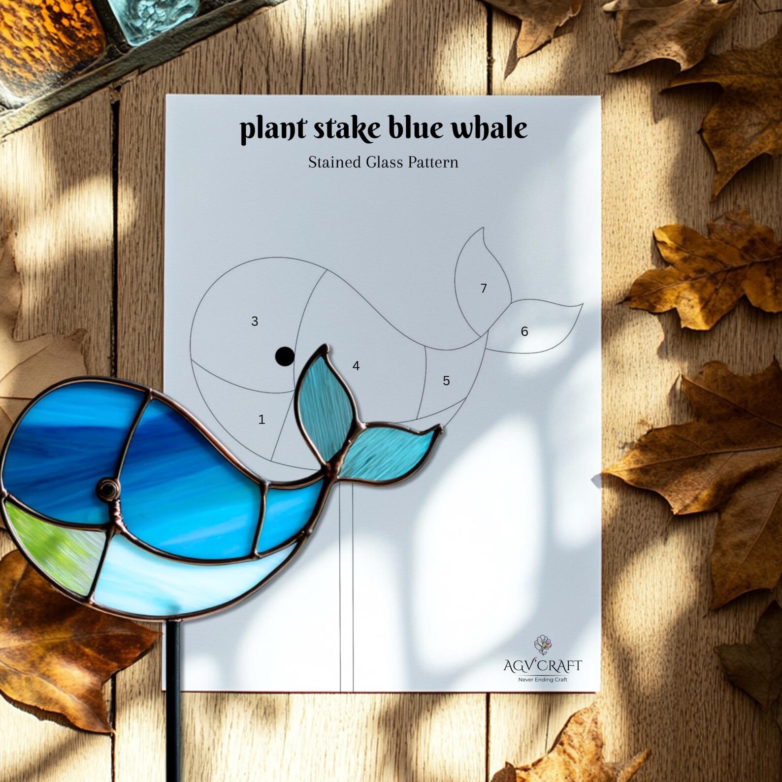 Blue Whale Stained Glass Plant Stakes Pattern, Whale Suncatcher, Whale ...