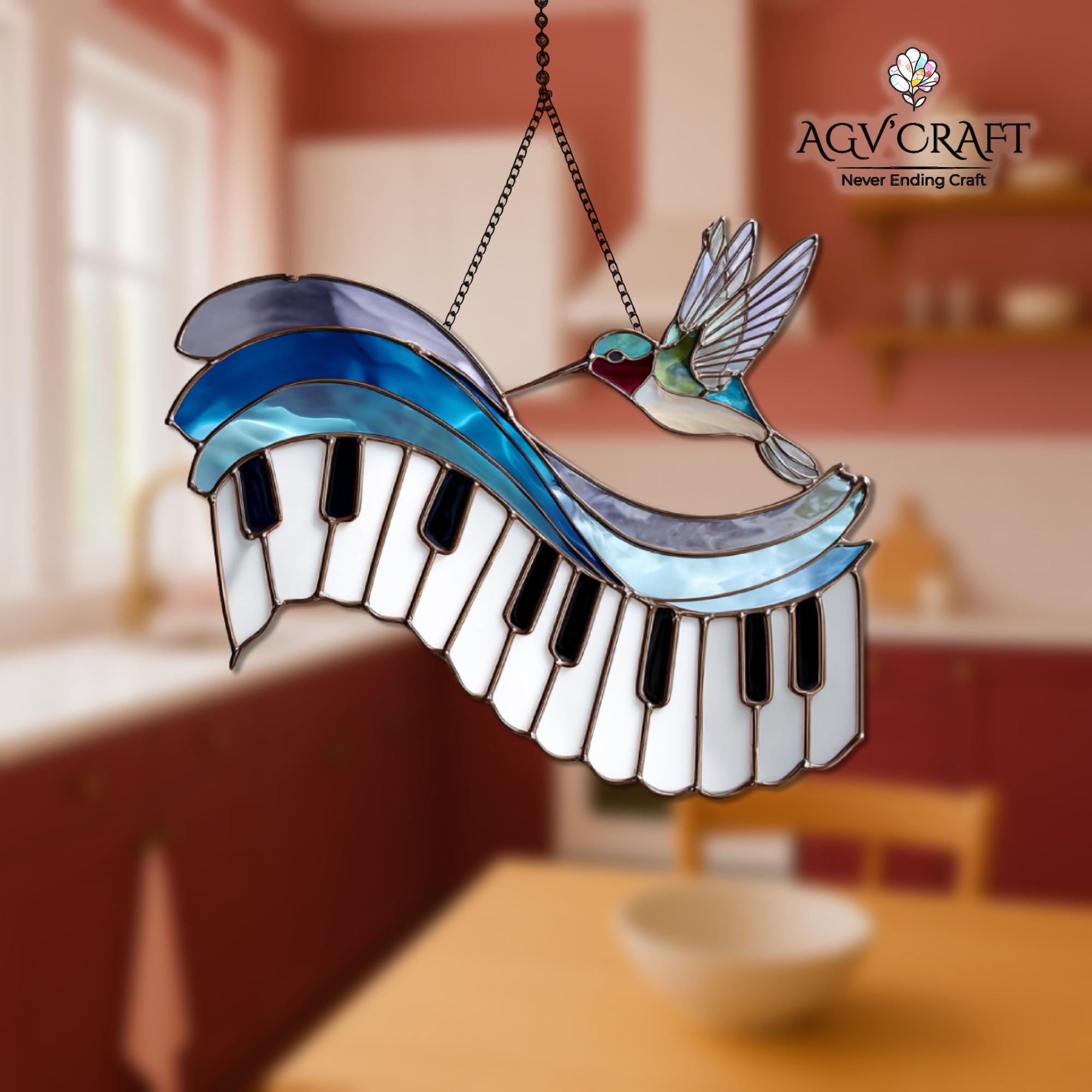 Piano With Bird Stained Glass Pattern, Piano Suncatcher, Piano Stained ...