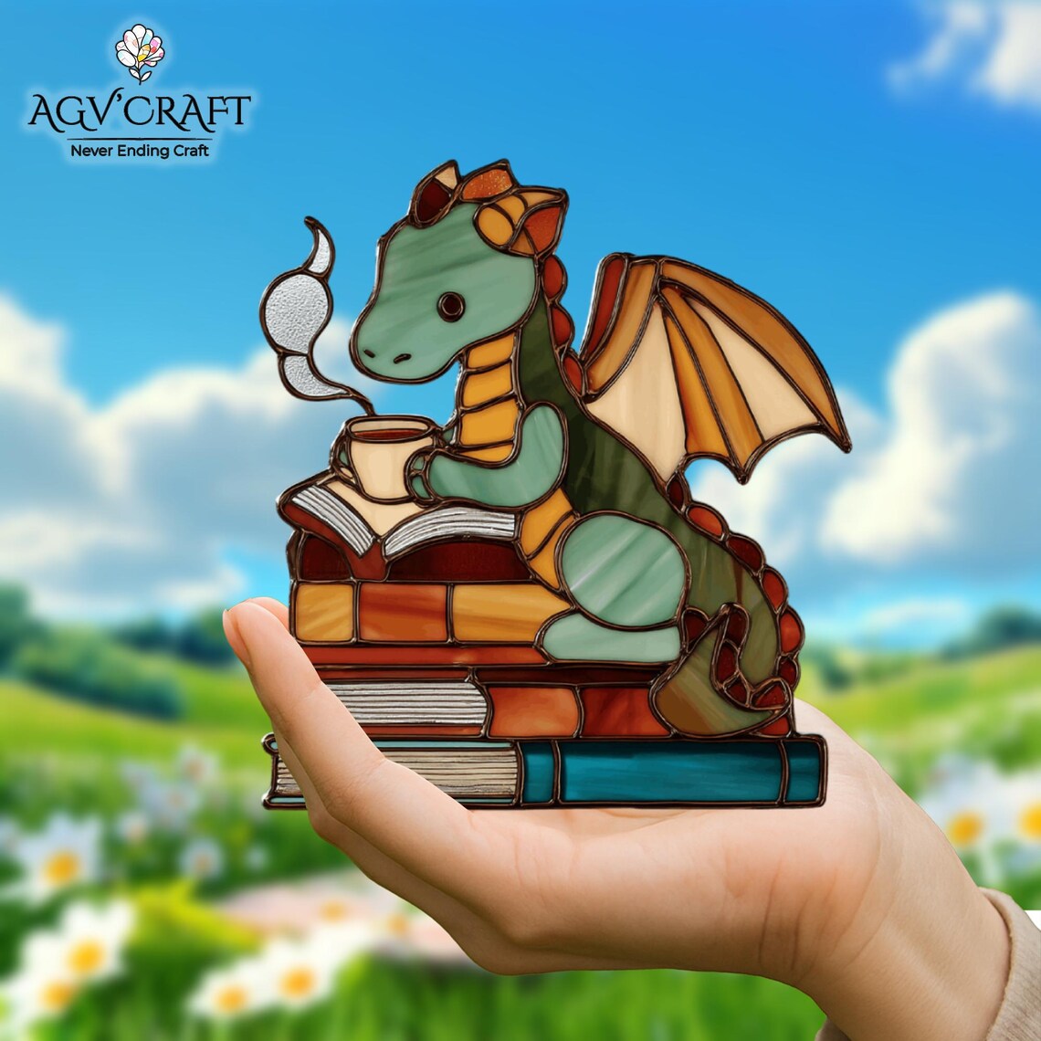 Dragon Reading Book Stained Glass Pattern, Dragon Book Suncatcher ...