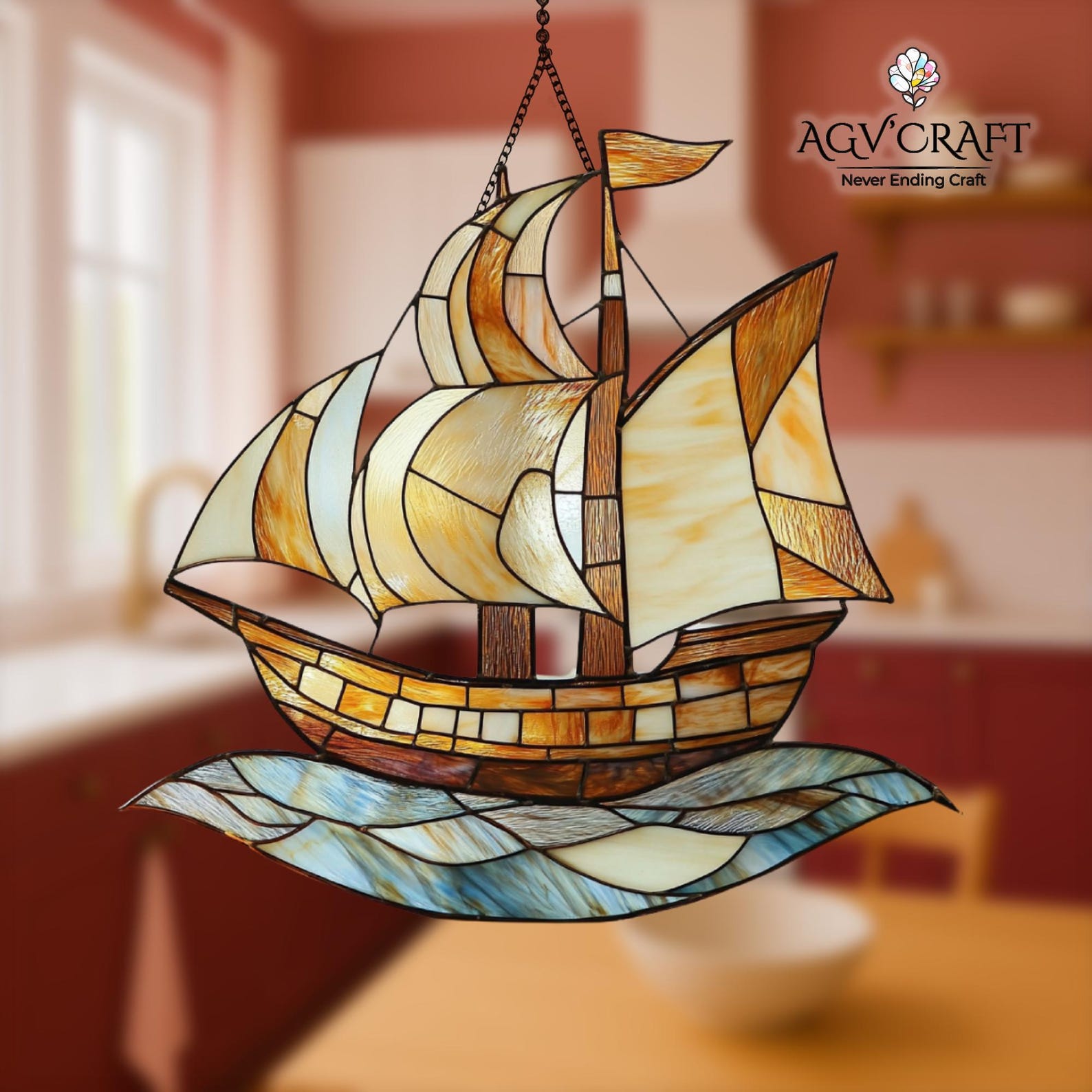 Sailing Ship Stained Glass Pattern, Ship Suncatcher, Sail Boat Stained ...