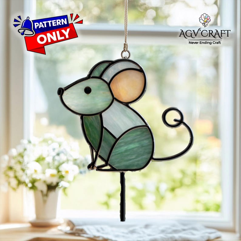 Mouse Plant Stakes Stained Glass Pattern, Mouse Suncatcher, Cute Mouse ...