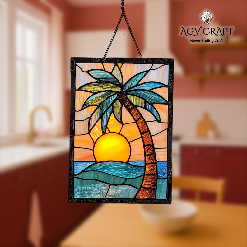 Beach Sunset Stained Glass Pattern, Sunset Suncatcher, Sunset on Beach ...