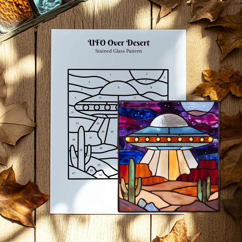 Ufo Over the Desert Stained Glass Pattern, UFO Desert Suncatcher, UFO ...