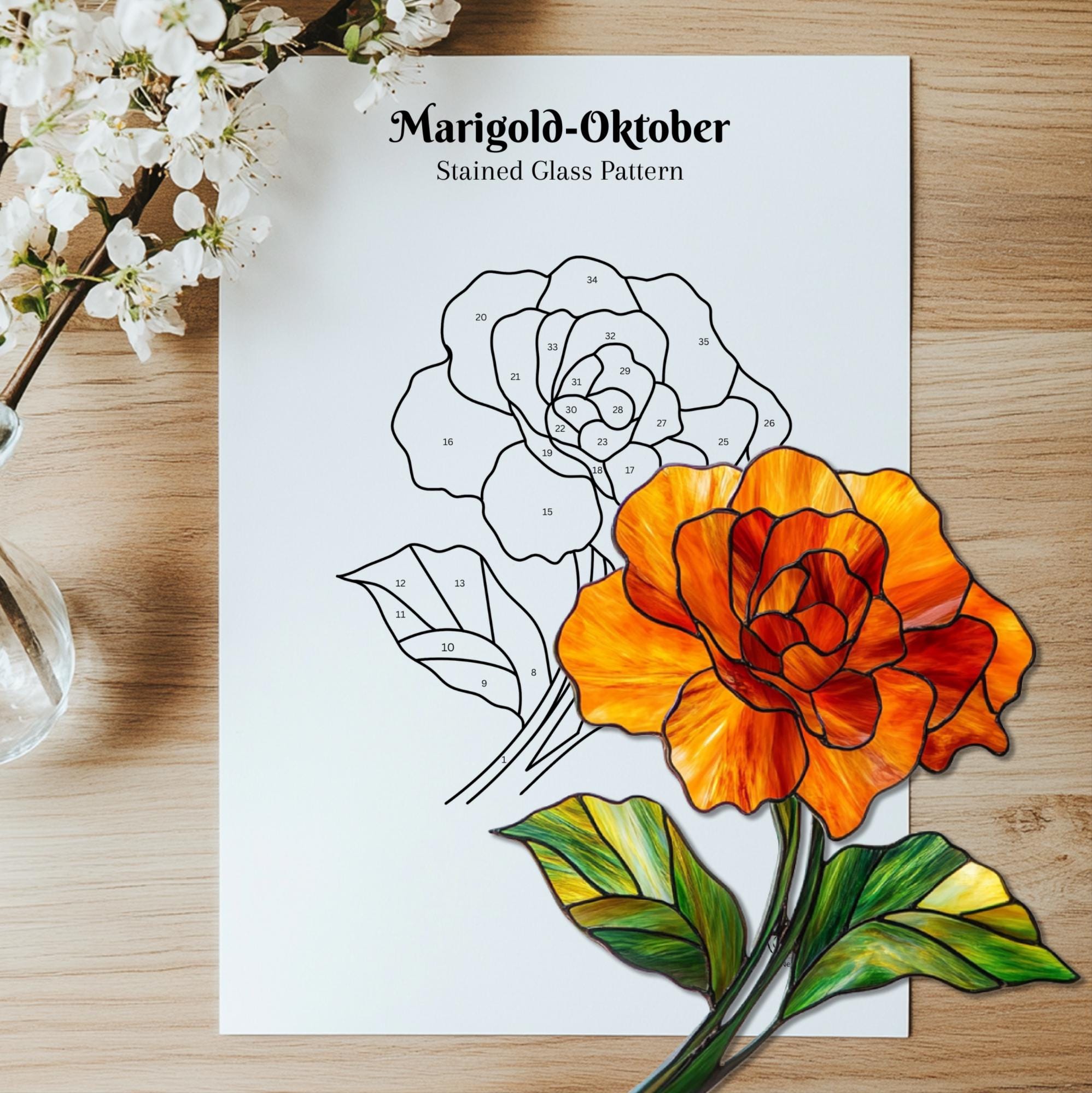 Marigold Flower Stained Glass Pattern, Birth Flower Stained Glass ...