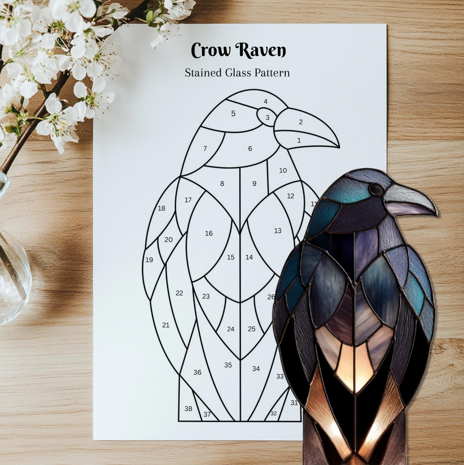Crow Raven Stained Glass Pattern, Crow Suncatcher, Raven Stained Glass ...