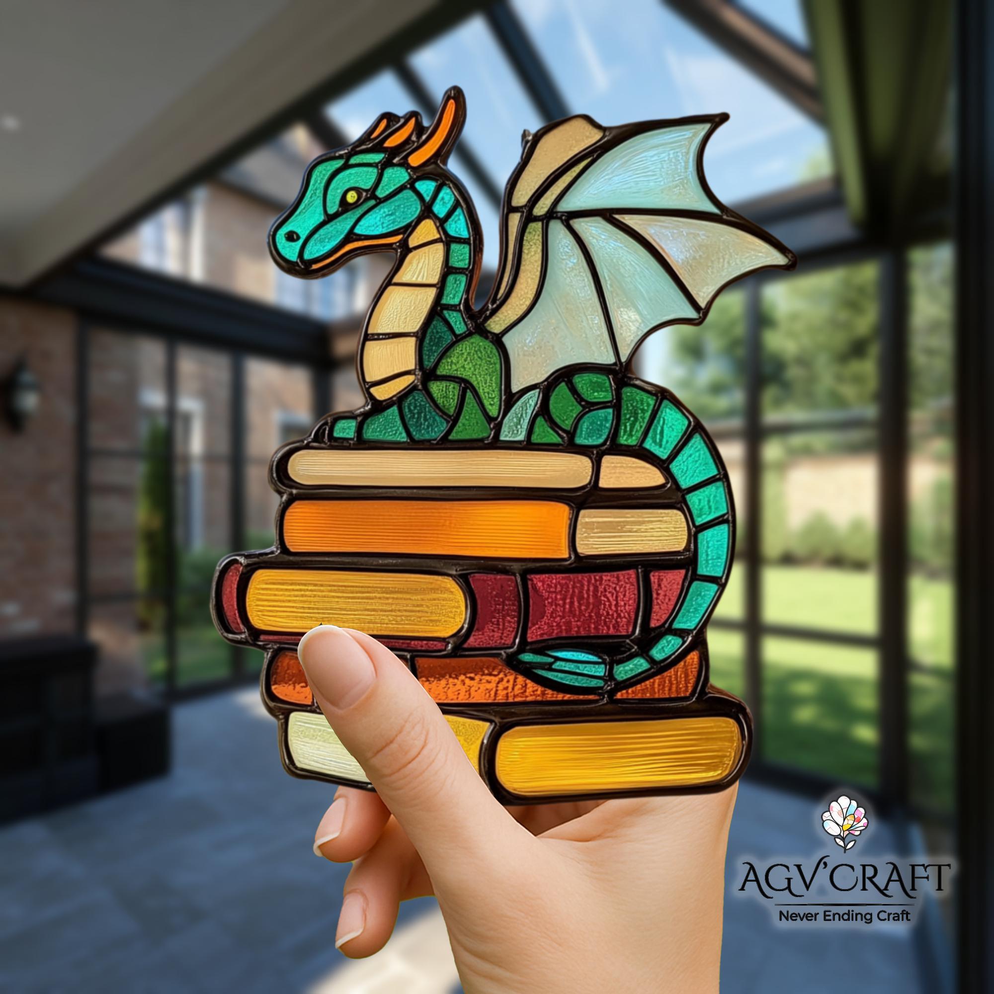 Dragon Book Stained Glass Pattern, Fantasy Suncatcher, Mythical Stained ...