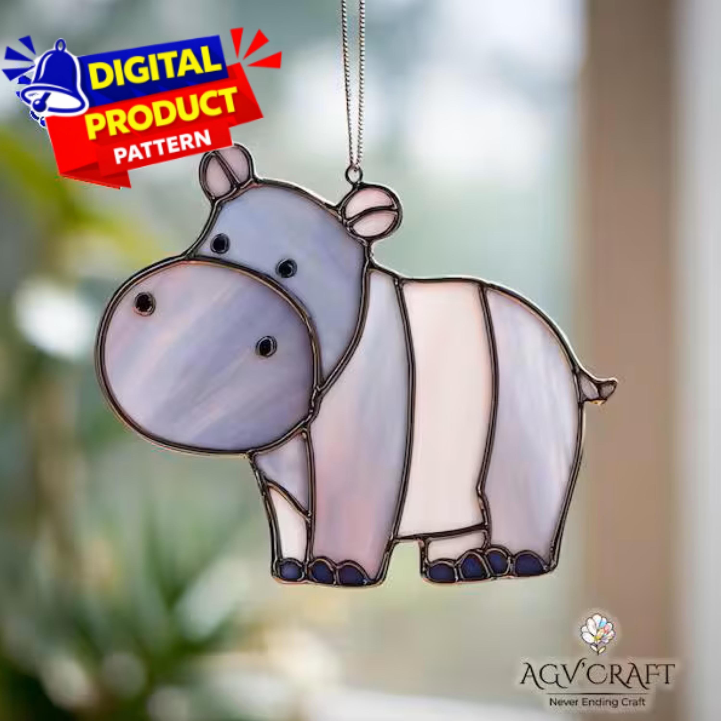 Hippo Stained Glass Pattern, Cute Hippo Suncatcher Template, Home Decor ...