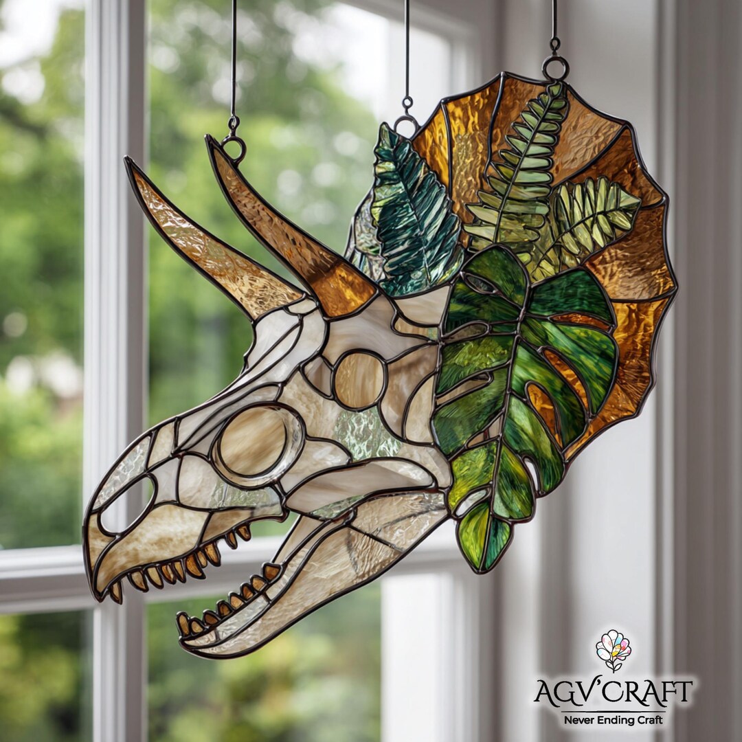 Dinosaurs Skull Stained Glass Pattern, T-rex Skull Suncatcher, T-rex ...