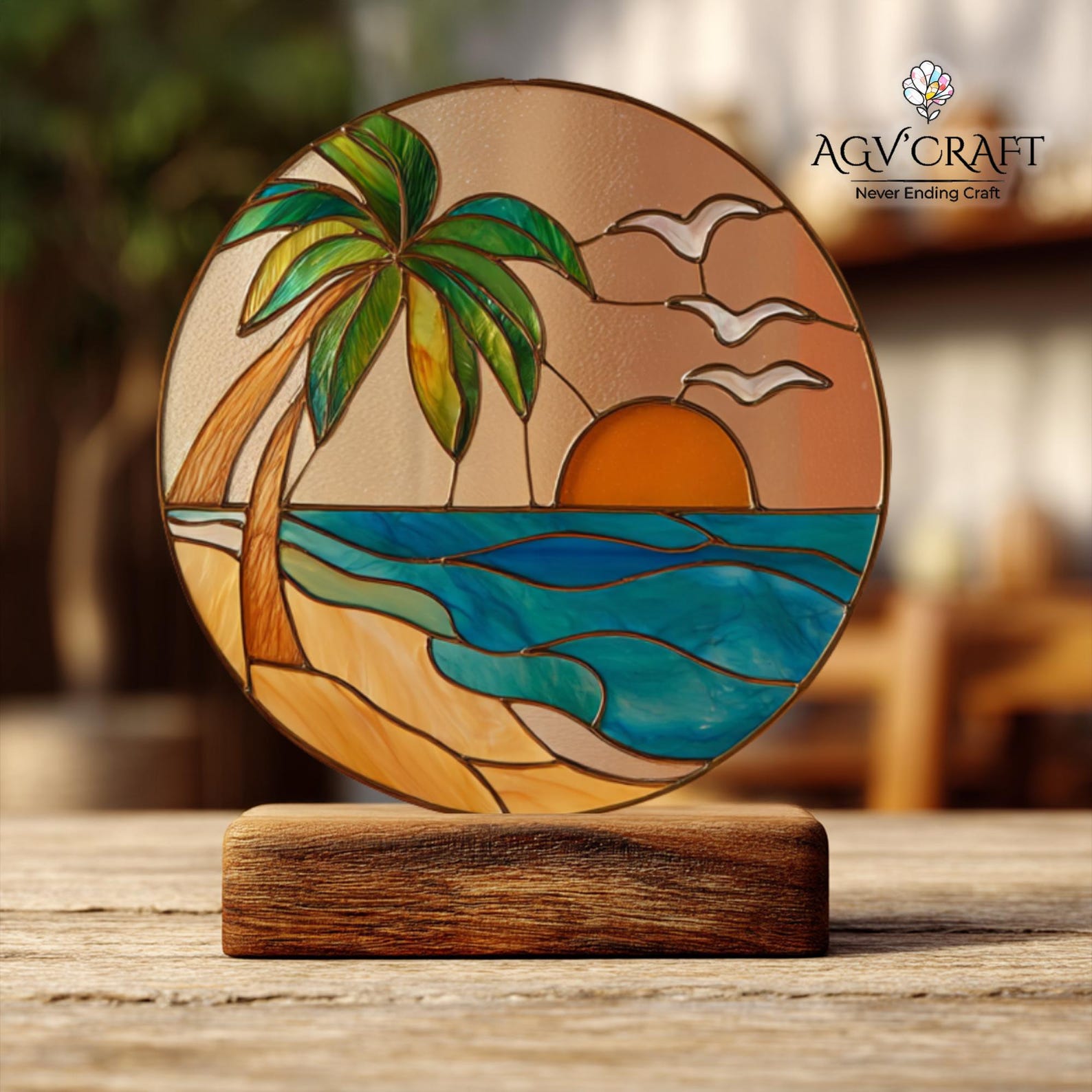 Tropical Beach Stained Glass Pattern, Sunset View Suncatcher, Ocean ...
