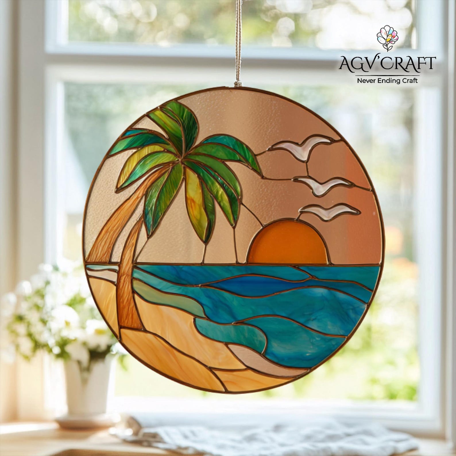 Tropical Beach Stained Glass Pattern, Beach Suncatcher, Ocean Stained ...