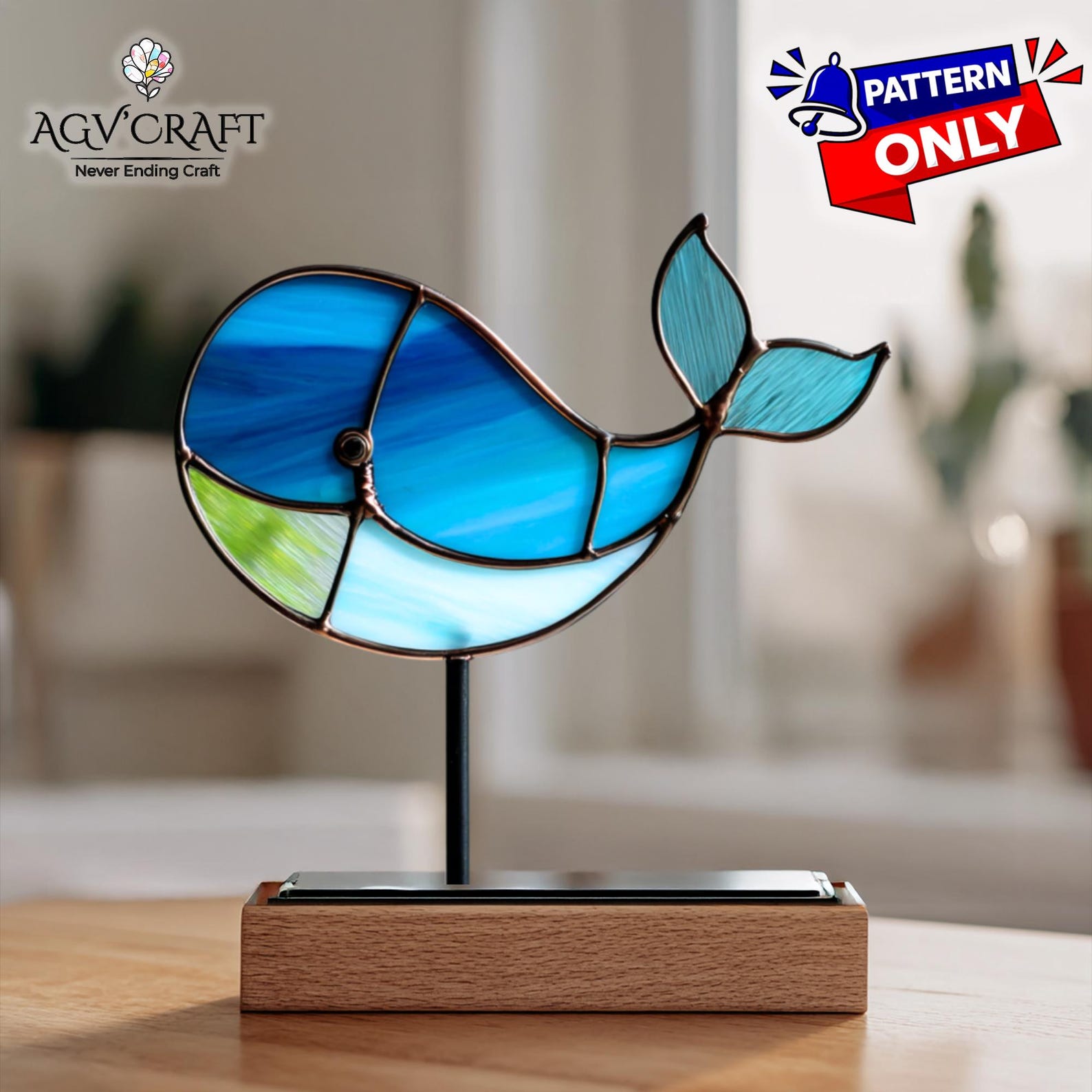 Blue Whale Stained Glass Plant Stakes Pattern, Whale Suncatcher, Whale ...