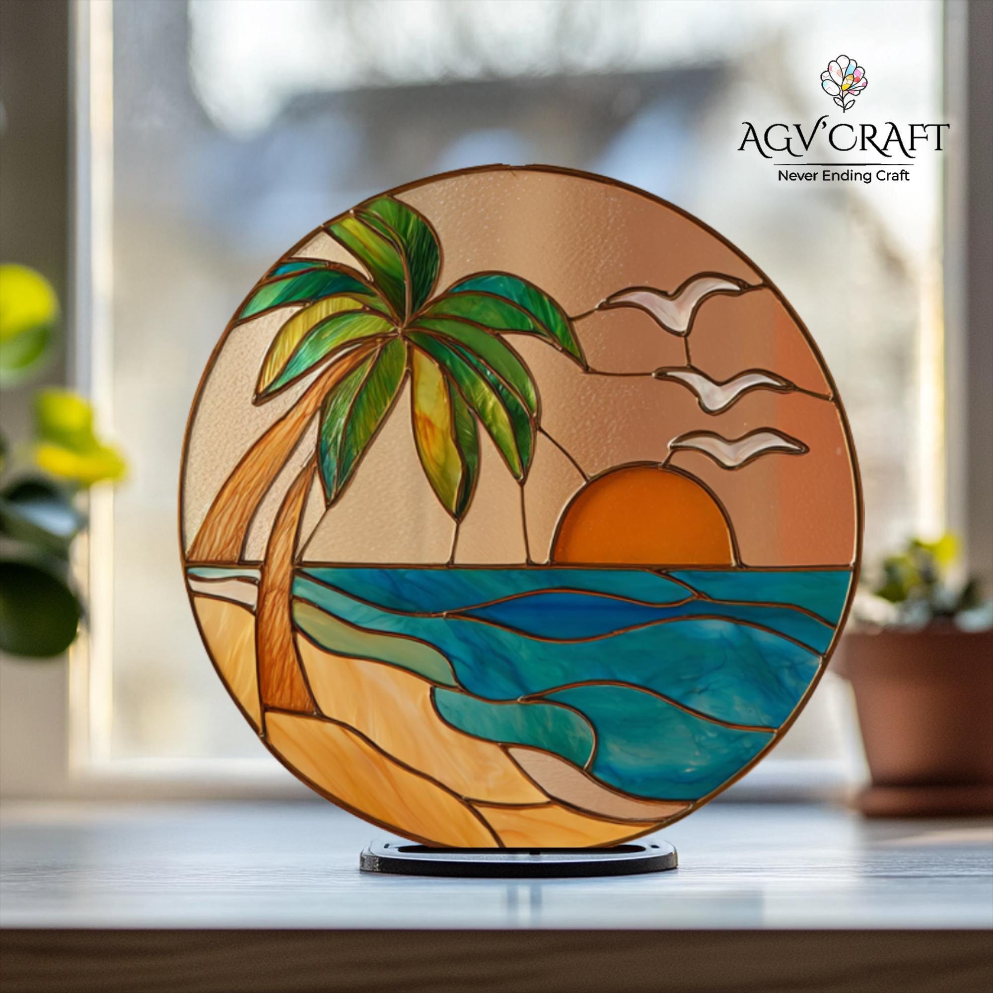 Tropical Beach Stained Glass Pattern, Sunset View Suncatcher, Ocean ...