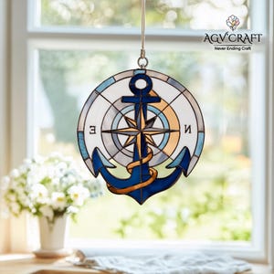 Compass Anchor Stained Glass Pattern, Compass Suncatcher, Navigation ...