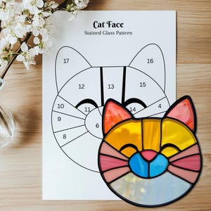 Cat Face Stained Glass Pattern, Cat Face Suncatcher, Cute Cat Stained ...