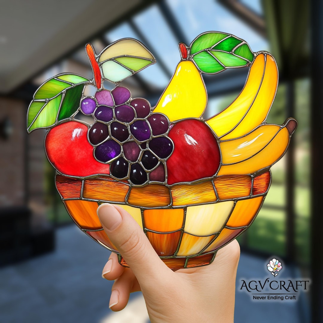 Basket Fruit Stained Glass Pattern, Basket Fruit Suncatcher, Fruits ...