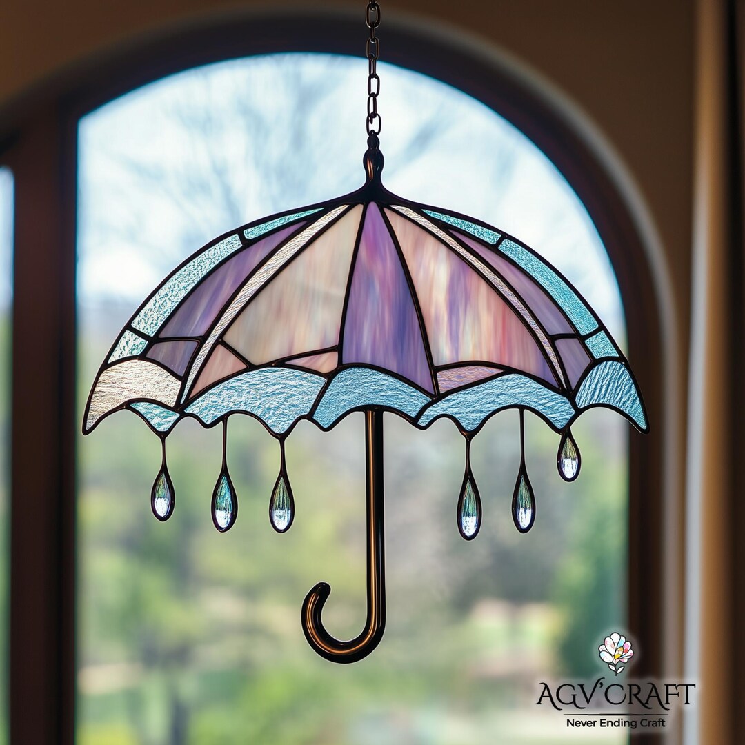 Umbrella With Rain Stained Glass Pattern, Vintage Umbrella Suncatcher ...
