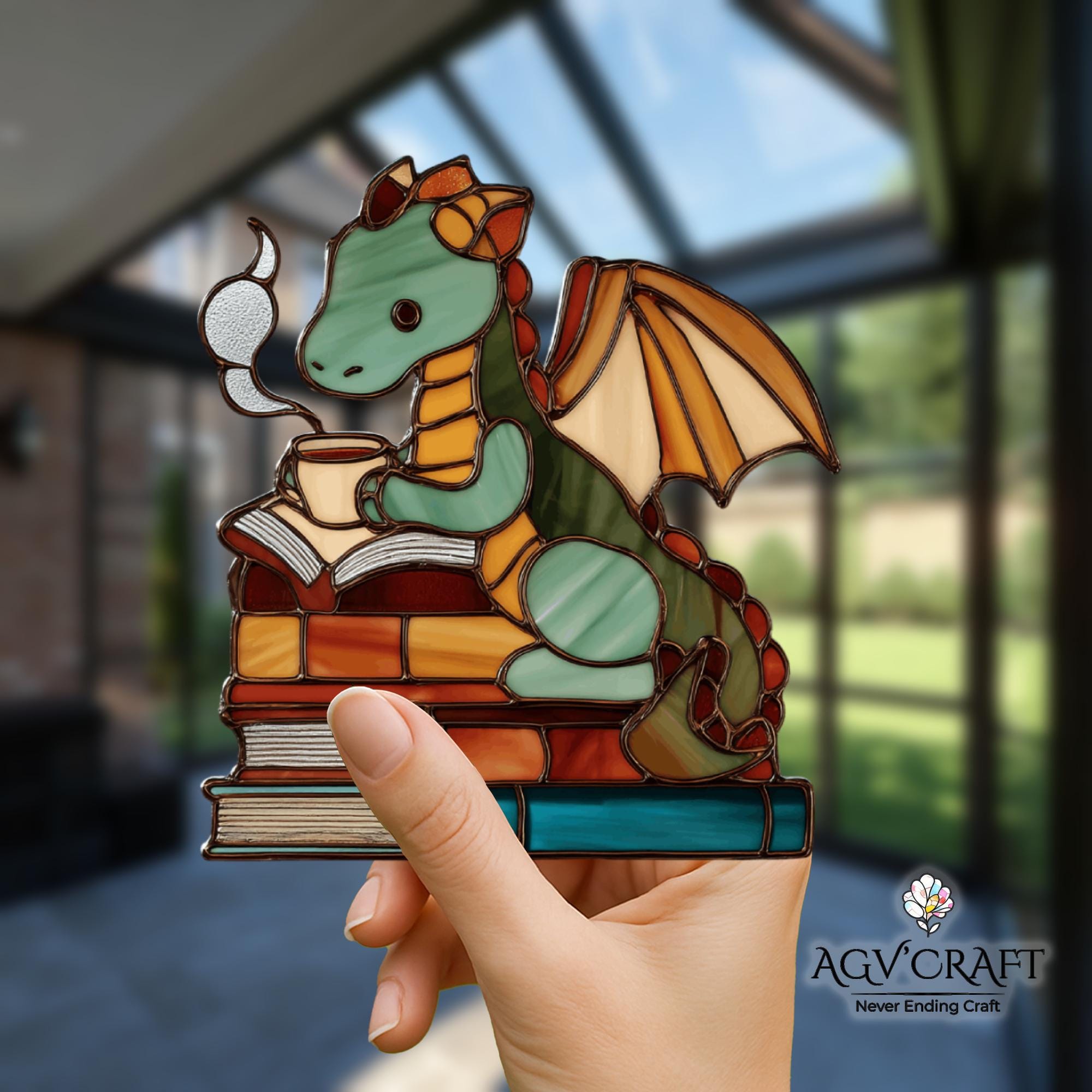 Dragon Reading Book Stained Glass Pattern, Dragon Book Suncatcher ...