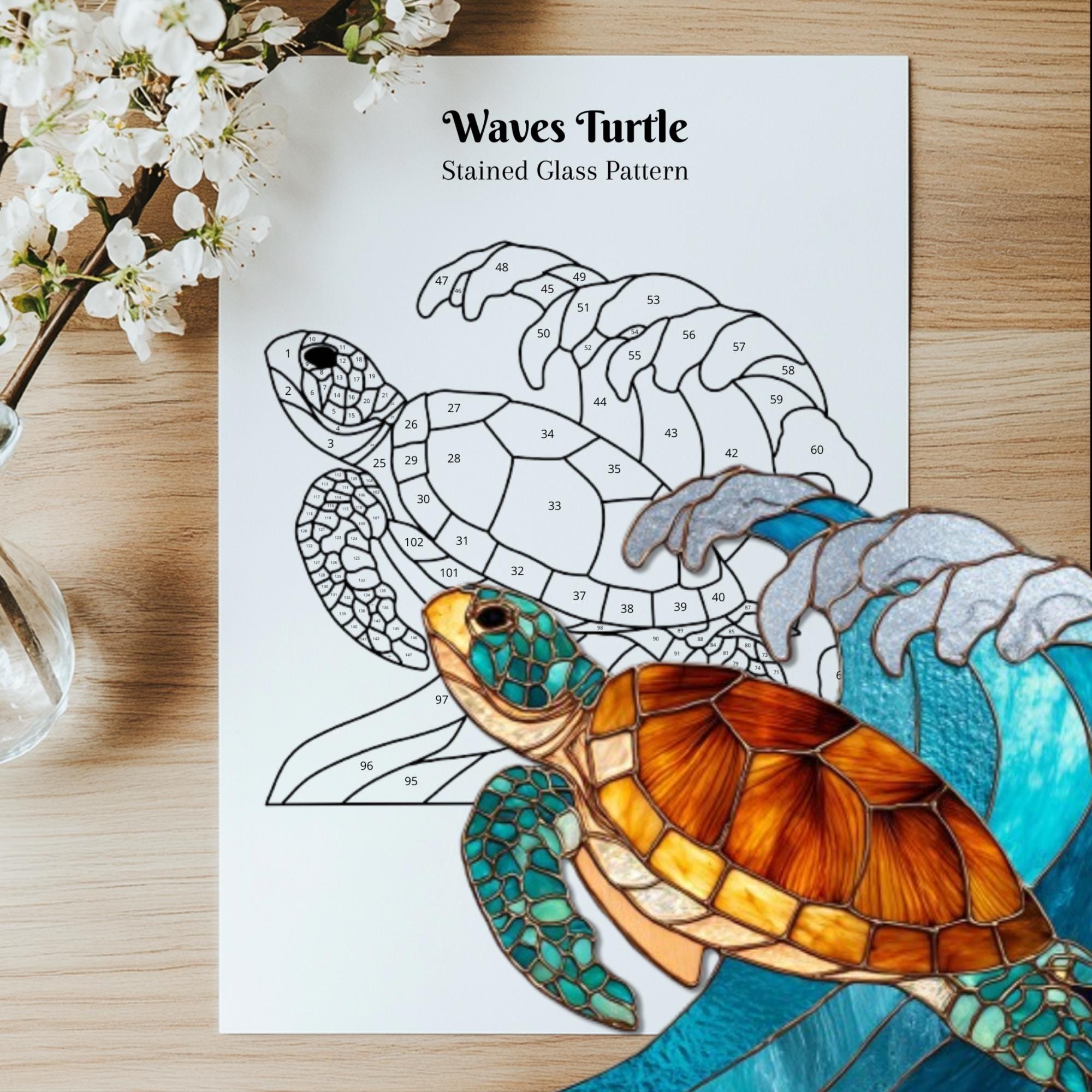 Turtle on Waves Stained Glass Pattern, Turtle With Waves Suncatcher ...