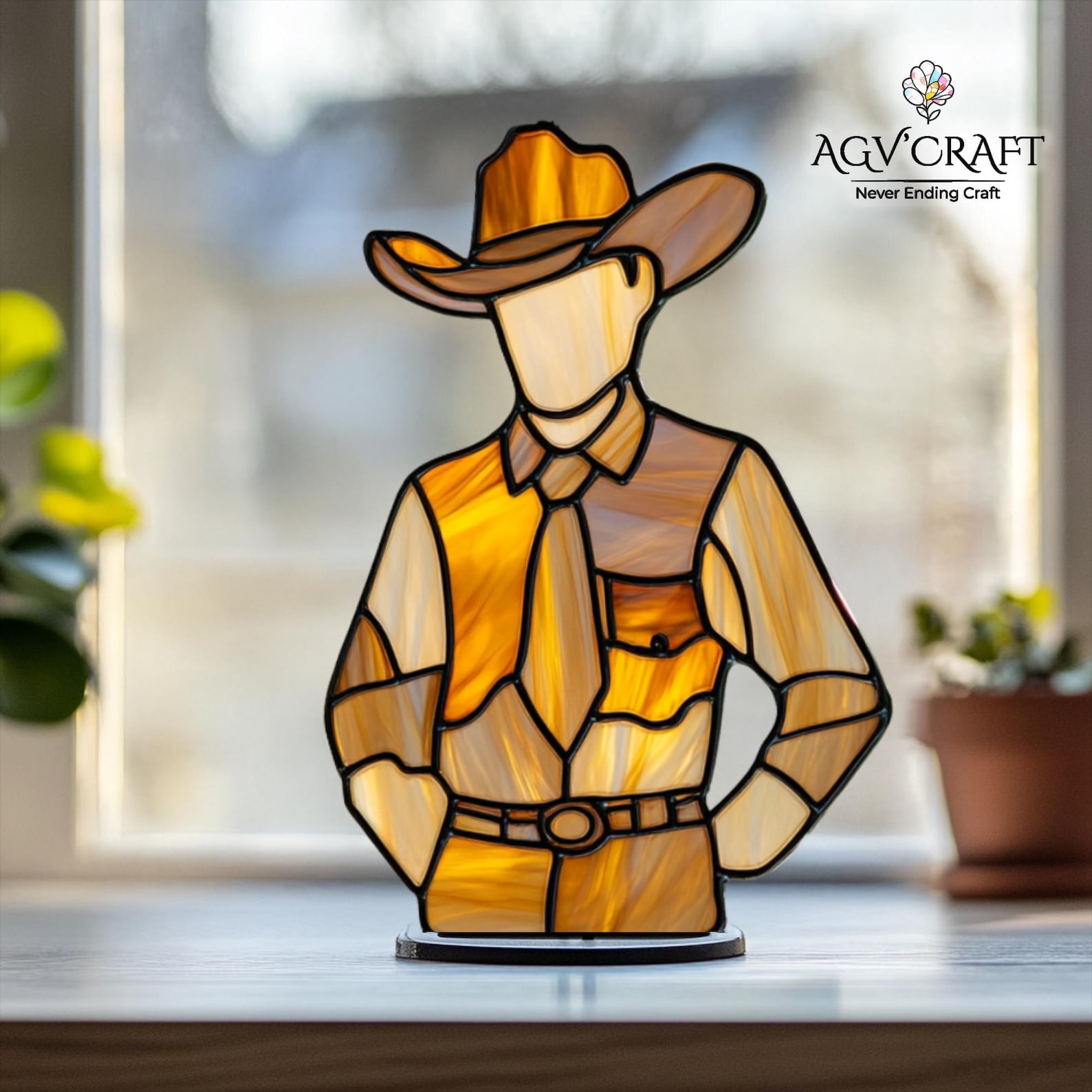 Cowboy Stained Glass Pattern, Western Suncatcher Template, Rustic Decor ...