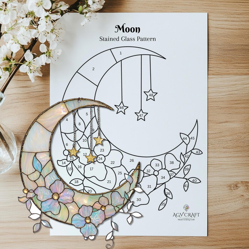 Flower Moon Stained Glass Pattern, Crescenmoon Suncatcher Temlate, Home ...