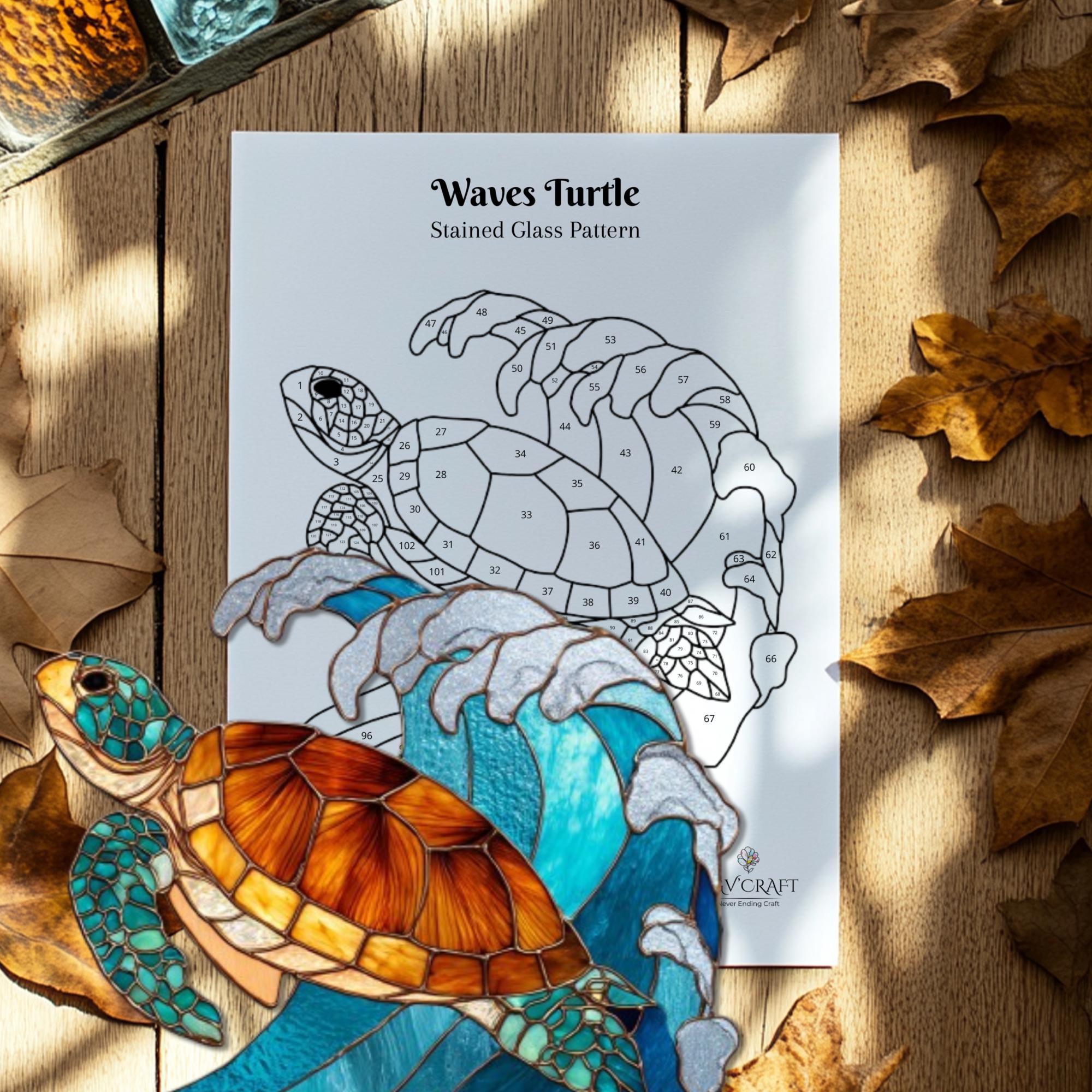 Turtle on Waves Stained Glass Pattern, Turtle With Waves Suncatcher ...