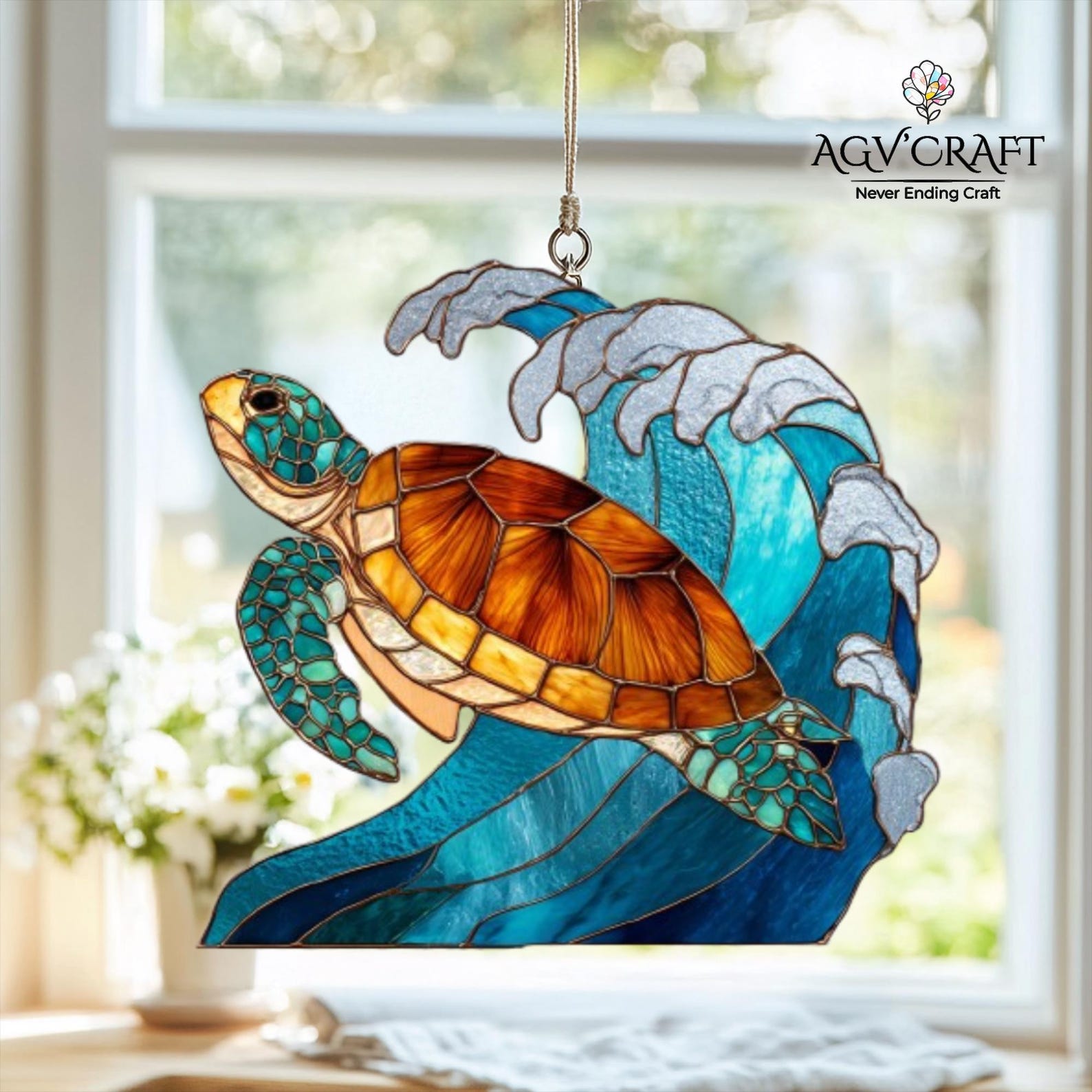 Turtle on Waves Stained Glass Pattern, Turtle With Waves Suncatcher ...