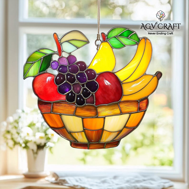 Basket Fruit Stained Glass Pattern, Basket Fruit Suncatcher, Fruits ...