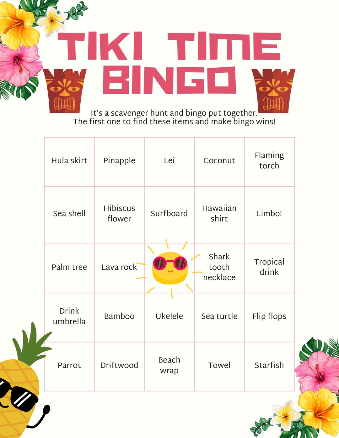 Hawaiian Tiki Luau Themed Scavenger Hunt Bingo Card (PDF File) - Etsy
