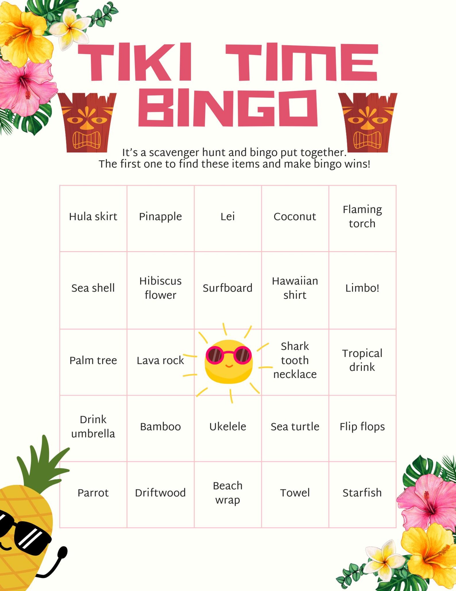 Hawaiian Tiki Luau Themed Scavenger Hunt Bingo Card (PDF File) - Etsy