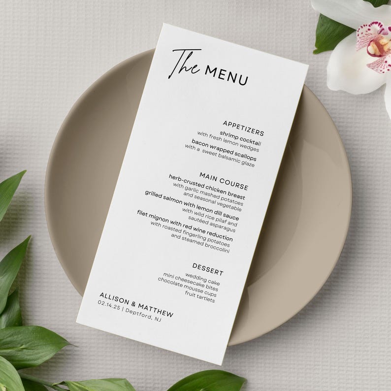 Elegant Wedding Menu Template: Modern Reception Dinner (editable Canva ...