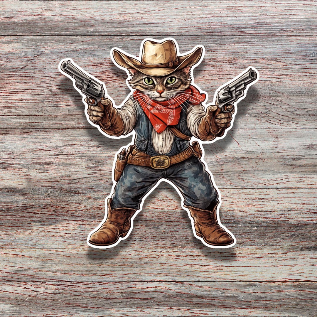 Funny Cowboy Cat Sticker - Cute Western Cat Decal, Vintage Wild West ...