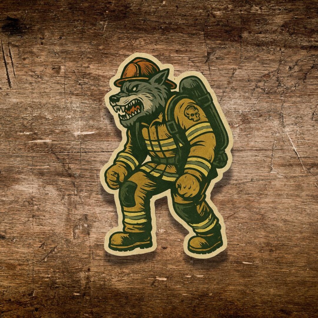 Firefighter Wolf Sticker: Grunge Style Vinyl Decal for Laptop, Water ...