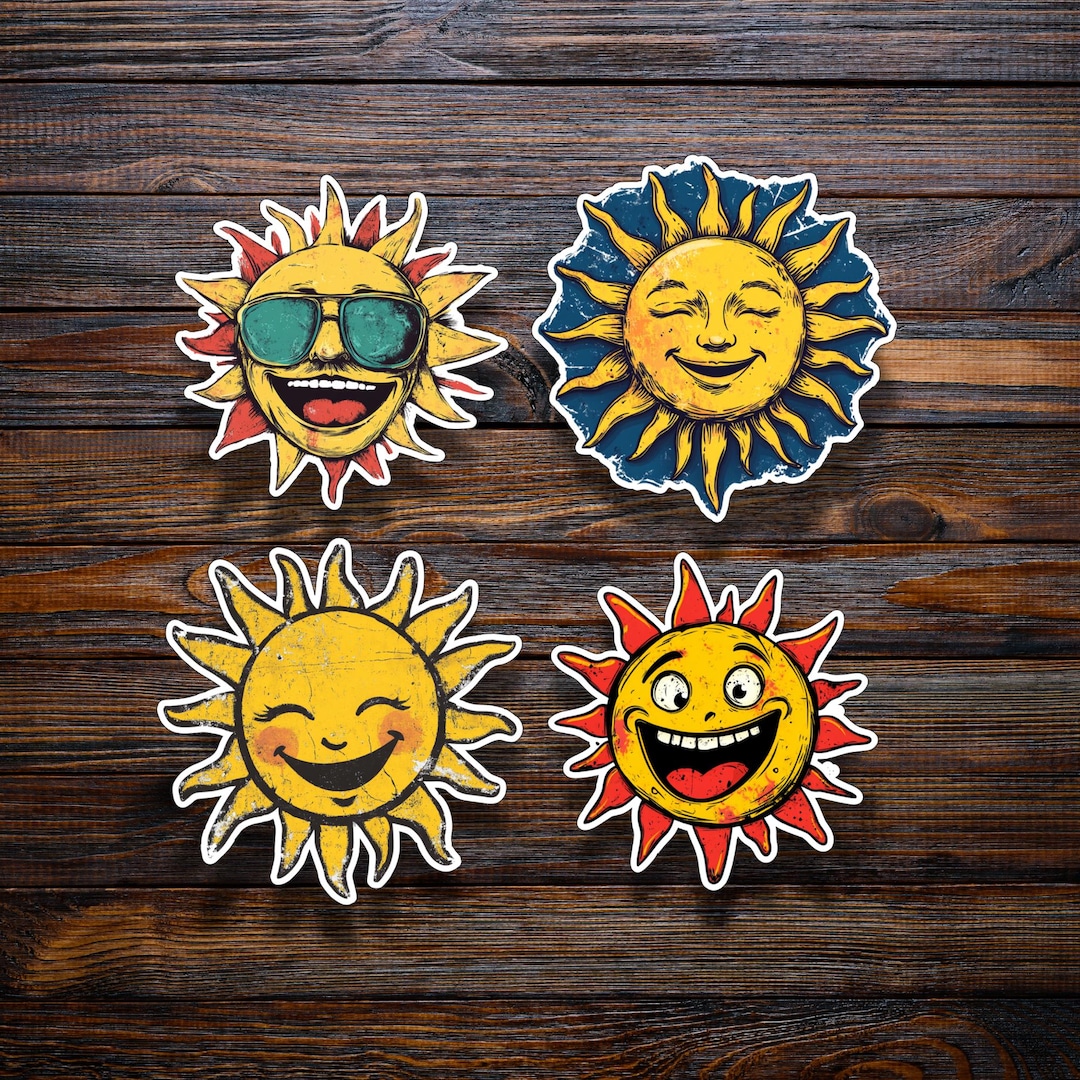 Funny Sun Face Sticker Pack – Retro Vinyl Weatherproof Stickers – Happy ...