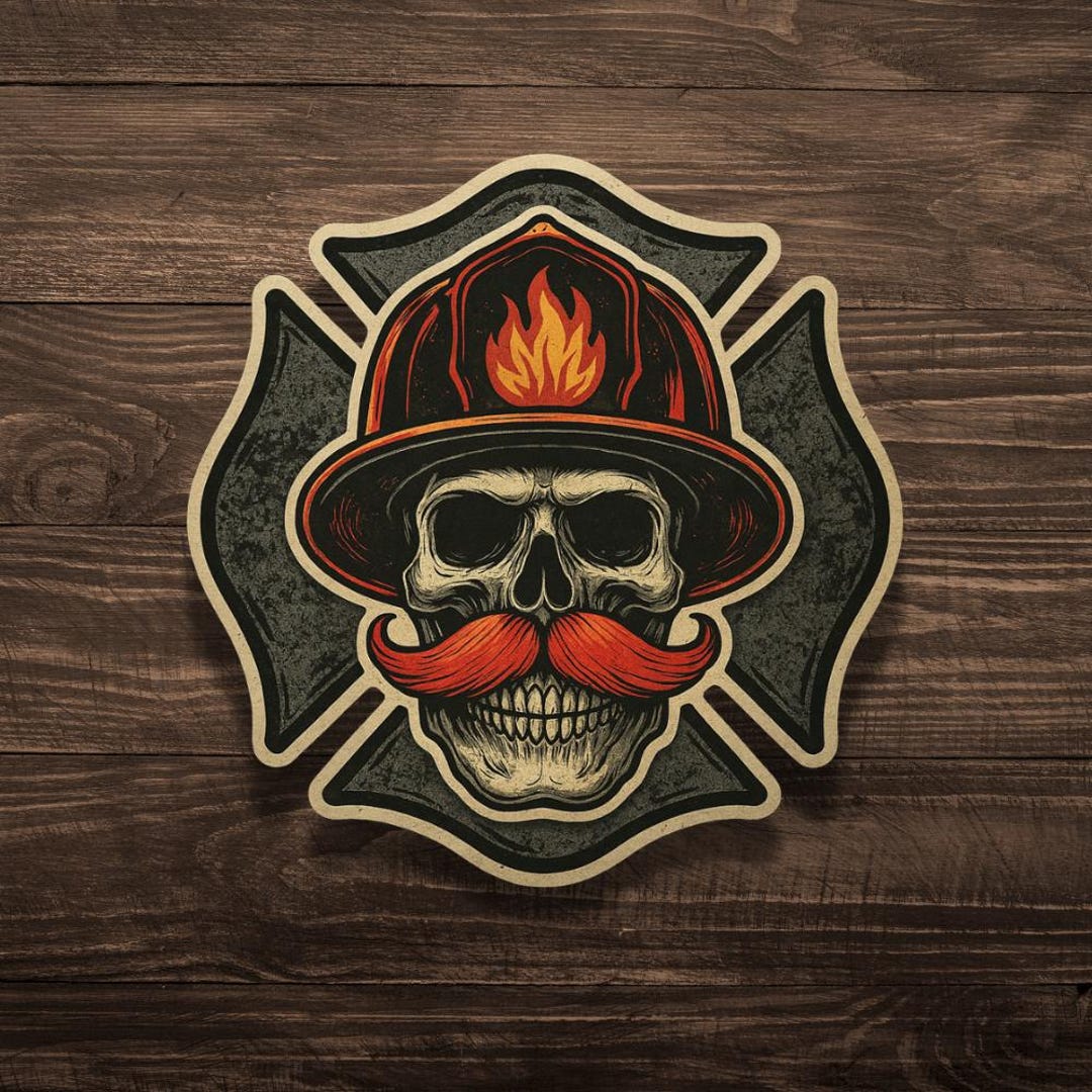 Firefighter Skull Maltese Cross Sticker – Flame Mustache Fire Helmet ...