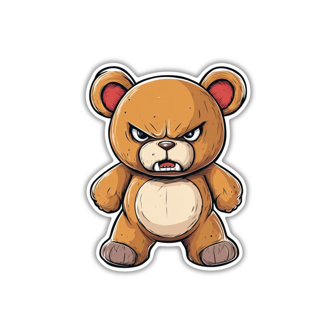 Angry Teddy Bear Sticker - Fierce Cartoon Bear Decal, Funny Gym Vinyl ...