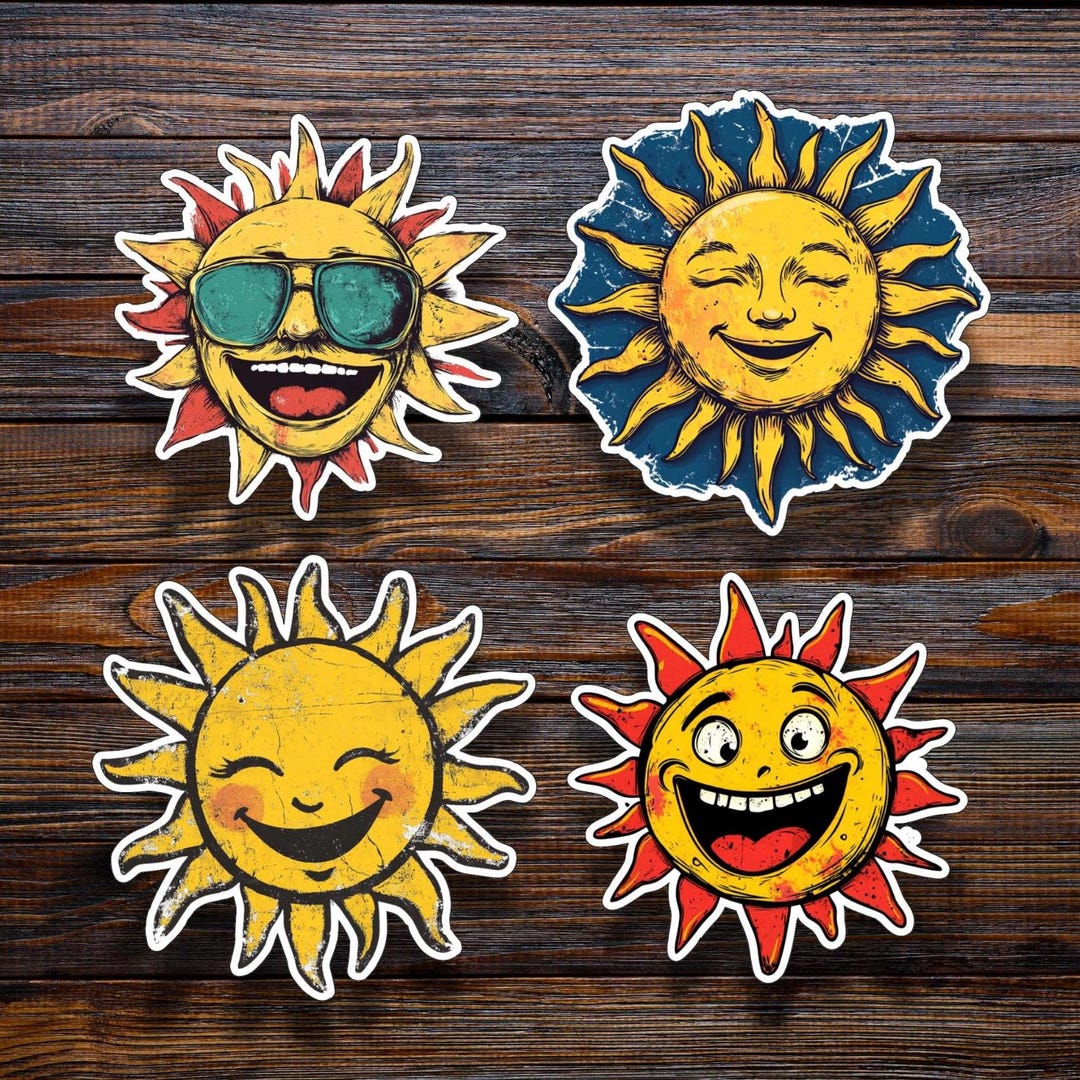 Funny Sun Face Sticker Pack: Retro Weatherproof Vinyl Stickers - Etsy