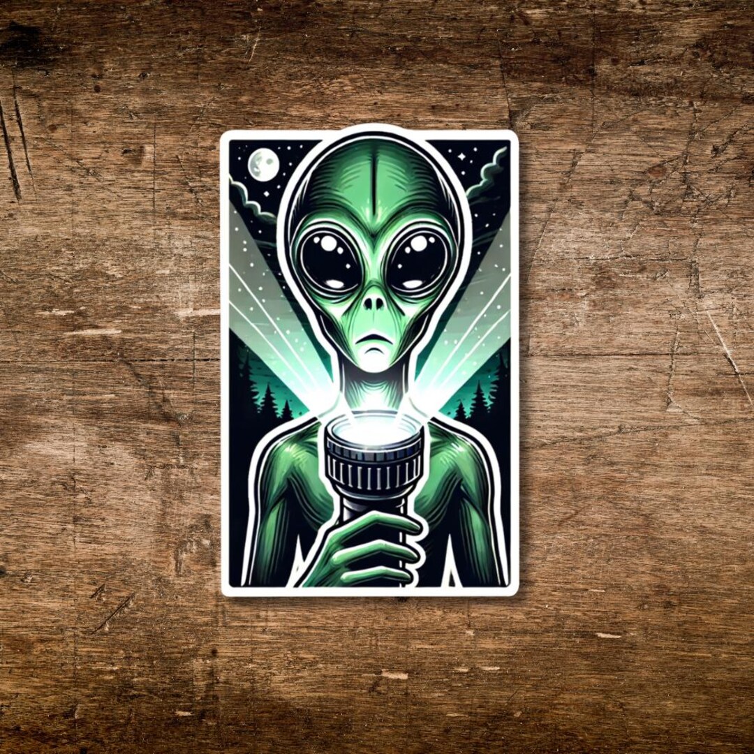 Alien Flashlight Sticker Funny UFO Vinyl Decal Forest Night Sky Cryptid ...