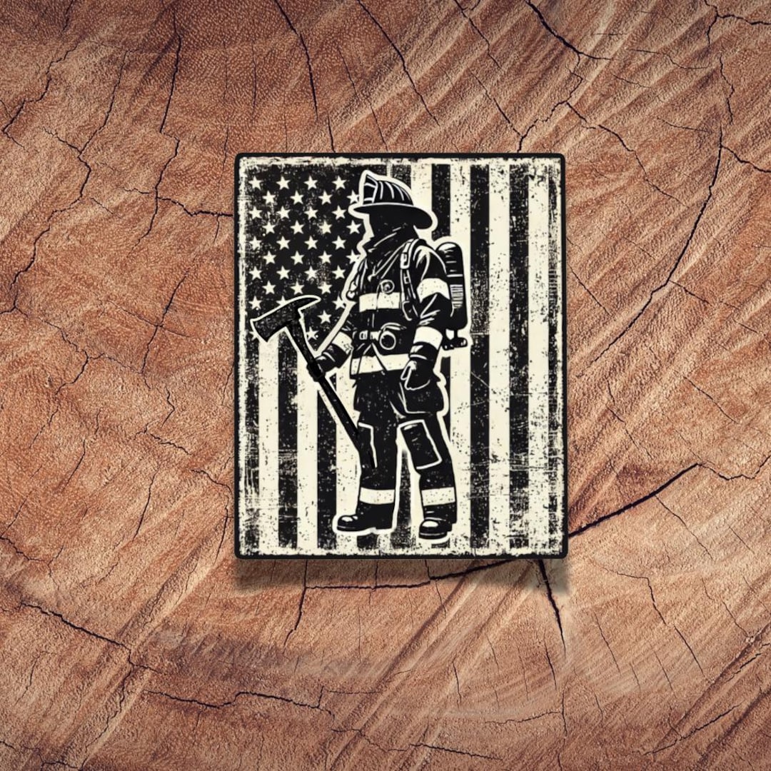 Firefighter Sticker - Patriotic American Flag Fireman Decal - Rustic ...