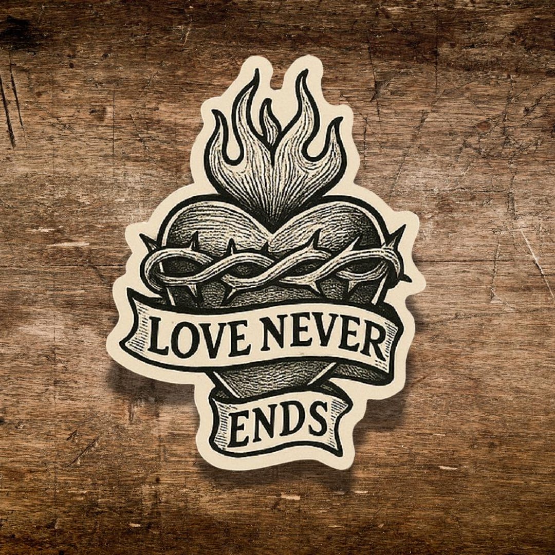 Love Never Ends Sticker Sacred Heart Vinyl Decal Christian Tattoo Style ...