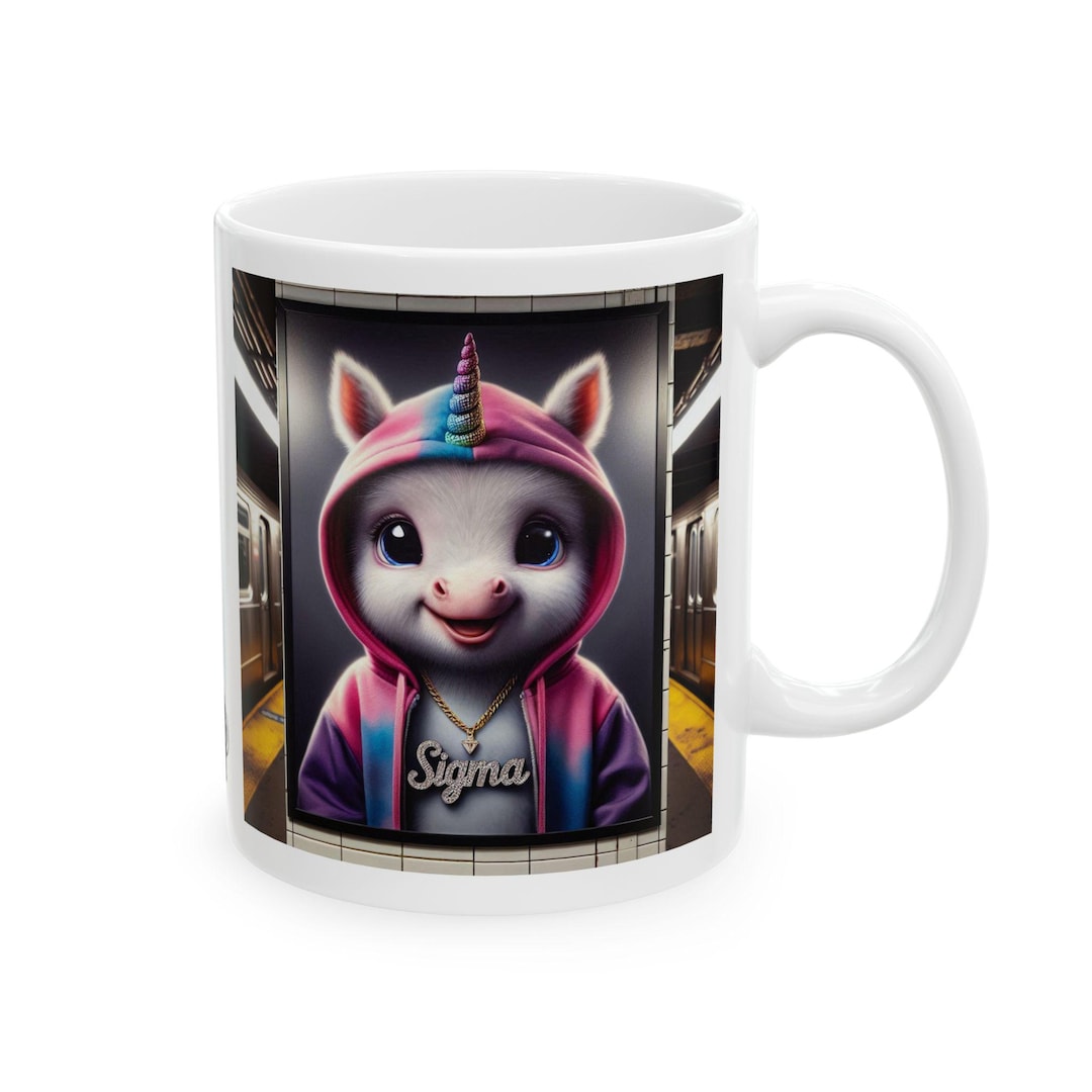 Sigma Drip Unicorn Stuffie in Hoodie on Subway Poster Funny Cute Mug ...