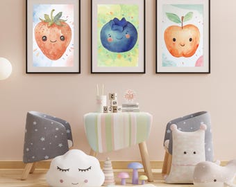 Fruit Nursery Wall Art, Cute Fruit Art Prints, Kids Playroom Wall Decor ...