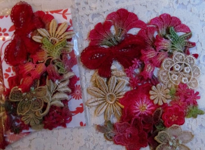 Red Venise Lace, Christmas Lace, Hand Dyed Lace, Vintage Cream Gold ...
