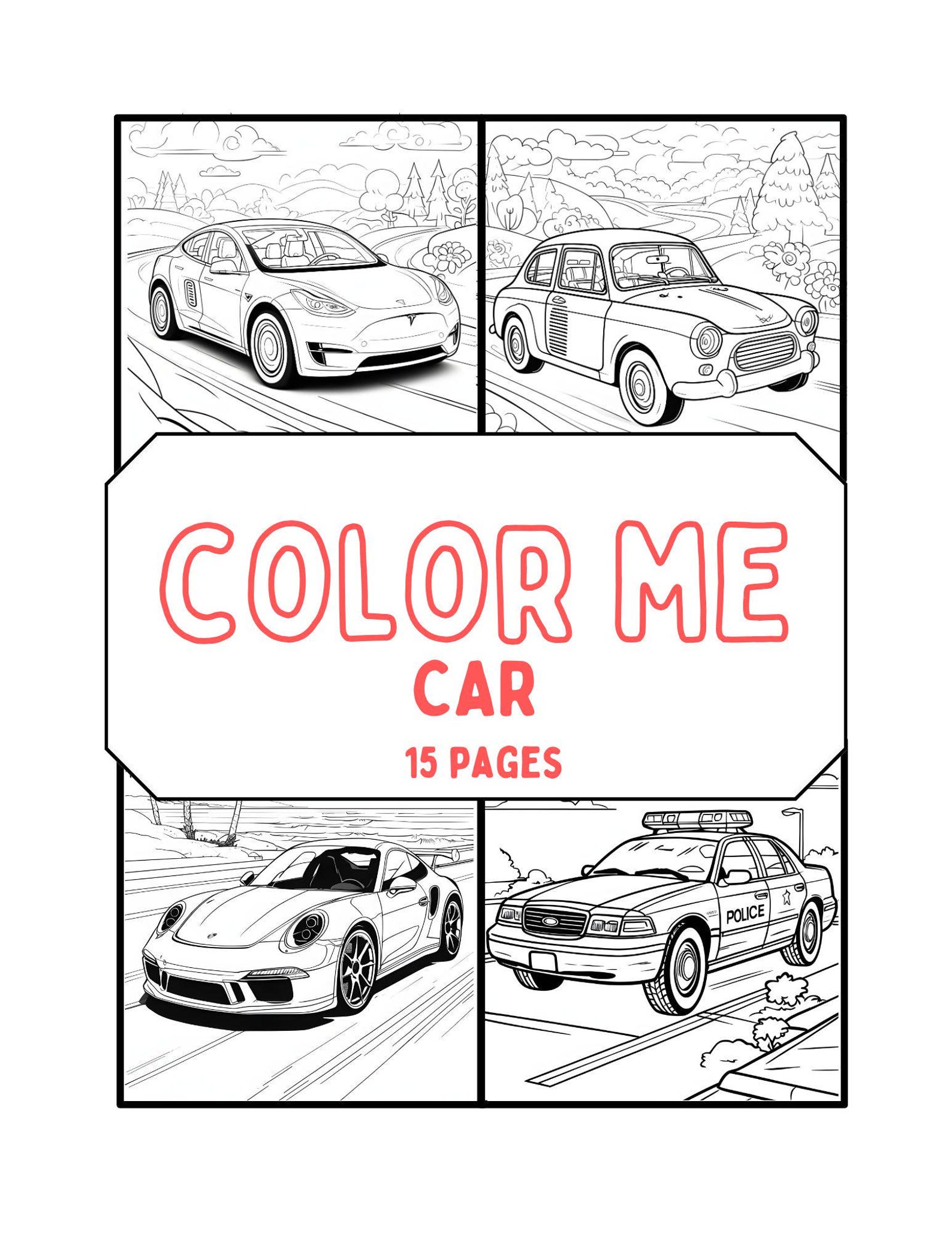 Cars Printable Coloring Book, Color Me Car, Set of 15 Different Images ...