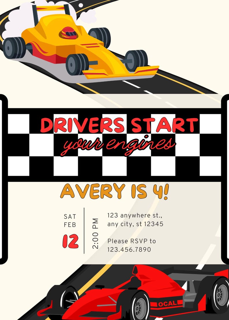 Race Car Birthday Invitation: Editable Canva Template (digital Download ...